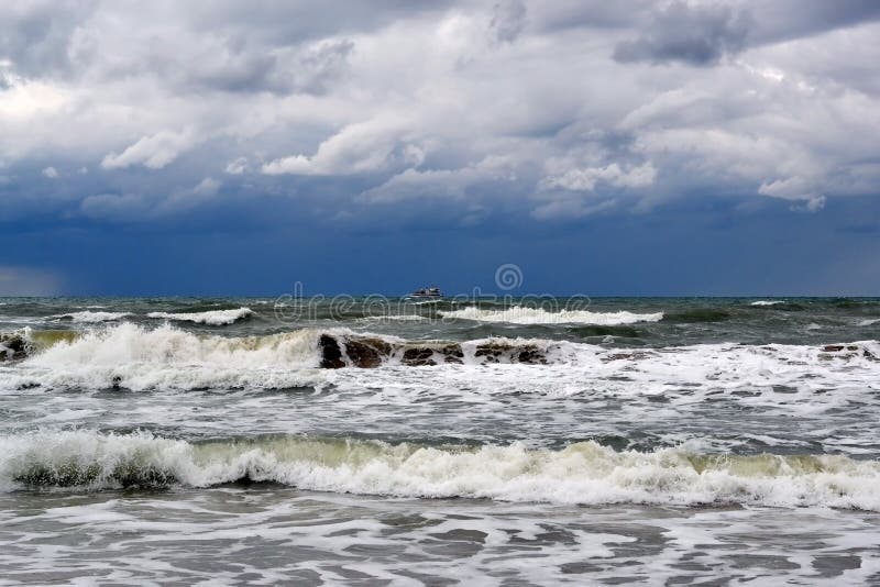 Waves of the Black Sea and the Ship on the Horizon in Rainy Weather ...