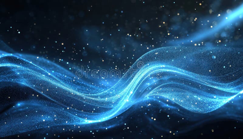 Blue Abstract Light Waves with Sparkling Particles in a Dark Background ...