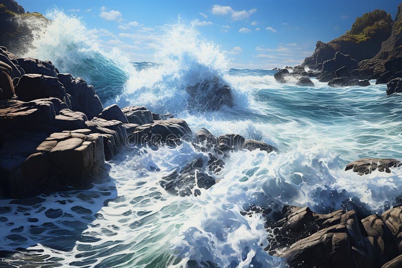 Waves of the Blue Ocean Water are Breaking Against the Rocks in Bright ...