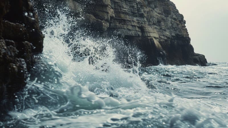 The Waves Break Violently Against the Rocky Cliffs As a Rogue Wave ...