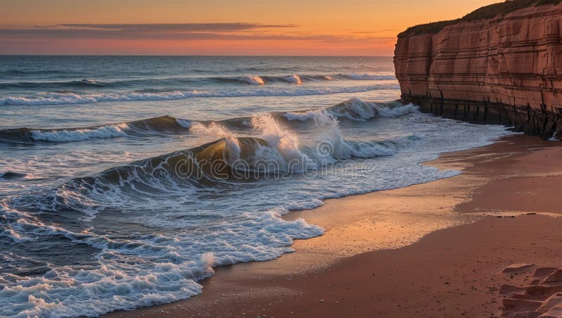 Waves Breaking Gently Against Sandstone Cliffs Under a Glowing Orange ...
