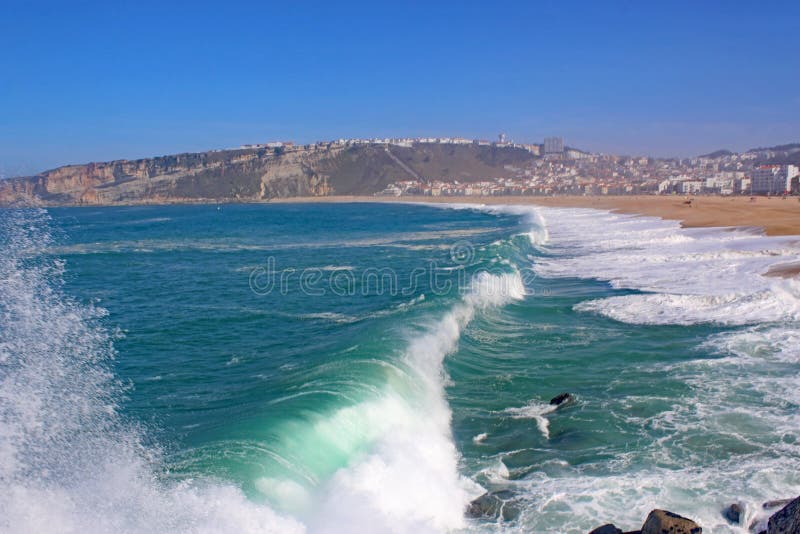 Waves Breaking on Nazare Beach, Portugal Stock Image - Image of wind ...