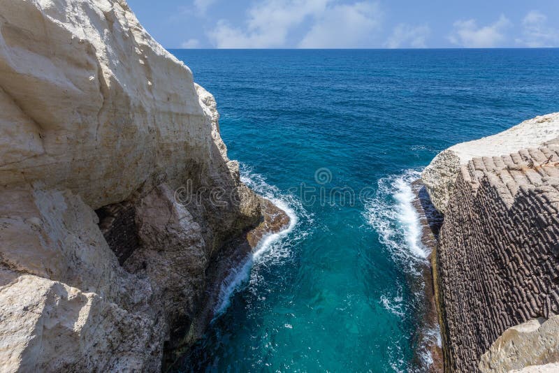 Waves and Cliff at Rosh Hanikra Reserve Stock Photo - Image of ...