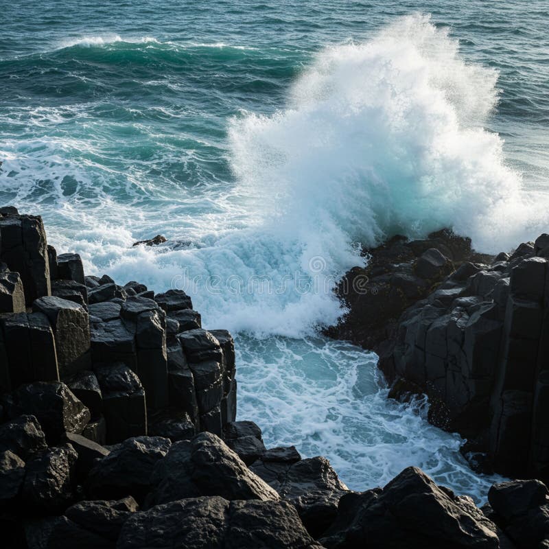 Waves Crash Against Hexagonal Basalt Columns at the Giant S Causeway ...