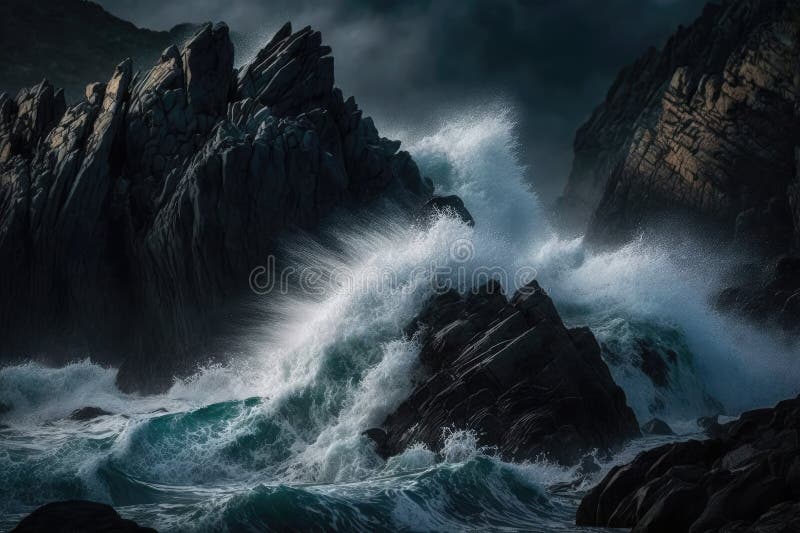 Waves Crash Against Rocky Shore, Creating a Dramatic Scene Stock ...