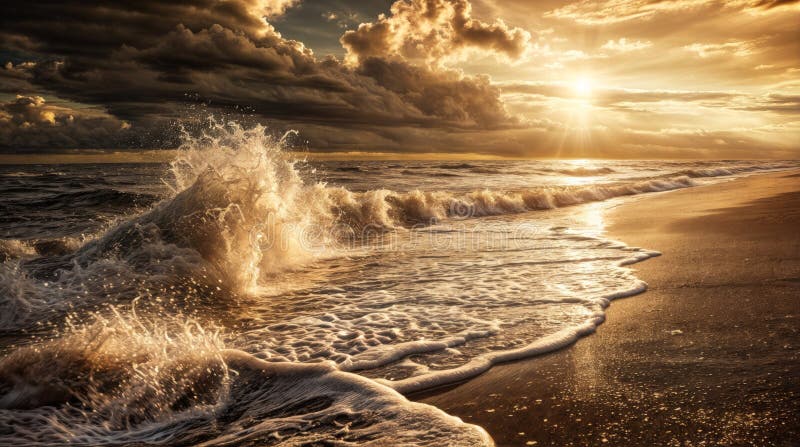 Waves Crash on a Golden Beach at Sunset, with Dramatic Clouds and Warm ...