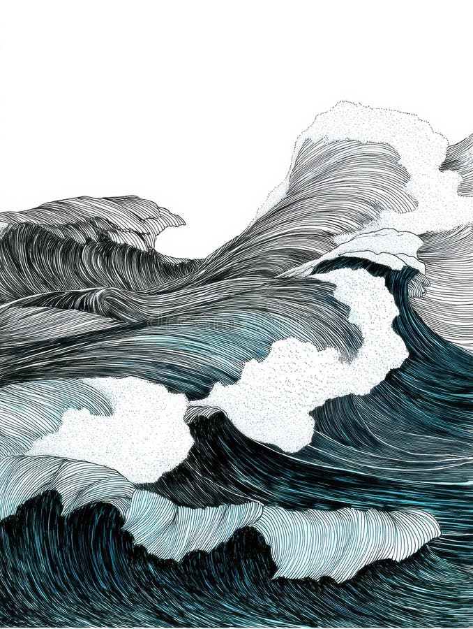 Stylized Pen Drawing of Crashing Waves Inspired by Japanese Art ...