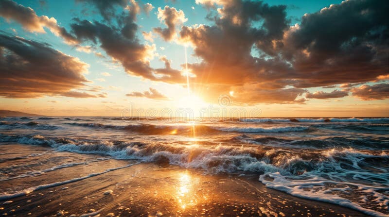 Waves Crash on the Shore Under a Vibrant Sunset, Casting Golden Light ...