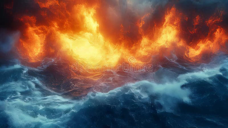 Waves Crashing Against Each Other, Engulfed in Fire and Smoke, Creating ...