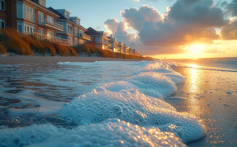 Waves Crashing on the Beach at Sunset with Houses in the Background ...