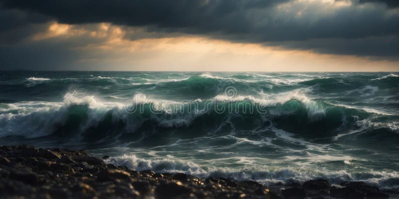 Waves Crashing Onto the Shore, Dark Clouds Looming Overhead. Stock ...