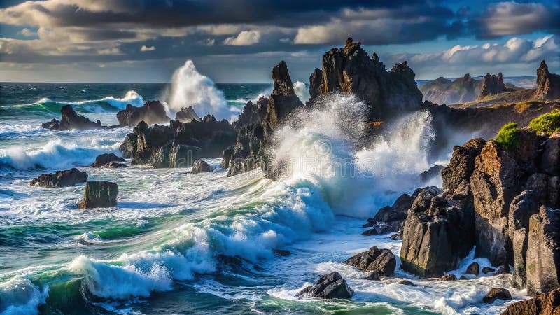 Waves Crashing Over Jagged Black Rocks on a Rugged Coastline Stock ...