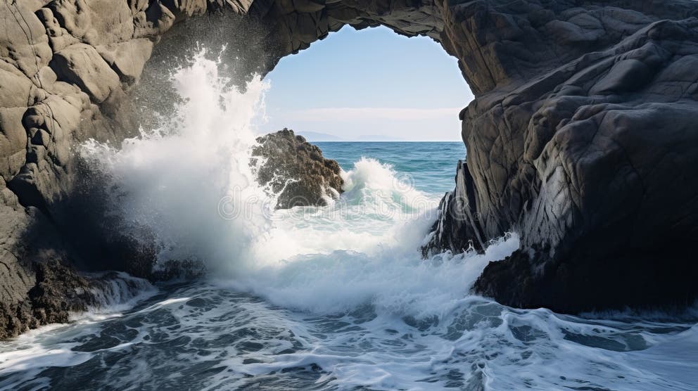 Waves Crashing through a Rocky Arch on the Coast Stock Illustration ...