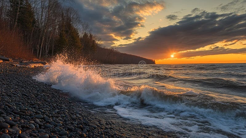 Waves Crashing on Rocky Beach at Sunset. Stock Photo - Image of ...