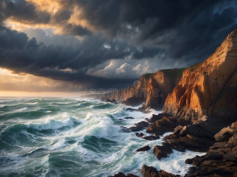 Waves Crashing Waves on a Rocky Cliff Photos Stock Illustration ...