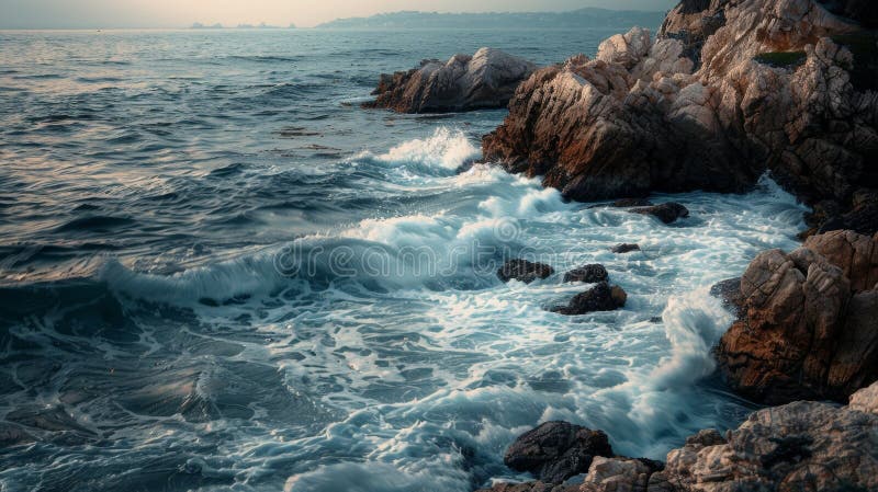 Waves Crashing on Rocky Shore at Sunset Stock Photo - Image of nature ...