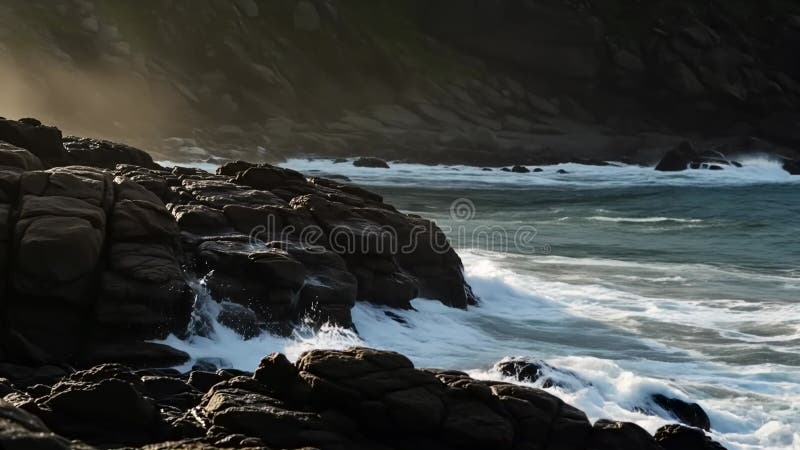 Waves Crashing on Rocky Shore Under a Cloudy Sky Stock Footage - Video ...