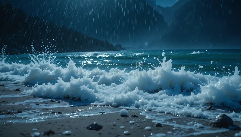 Waves Crashing on Shore during Rainfall at Beach Stock Illustration ...