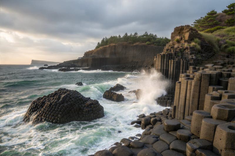 Waves Crashing on Volcanic Columnar Joints Stock Illustration ...