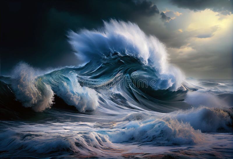 Waves Curling Over and Breaking during Cyclone with Stormy Sky ...