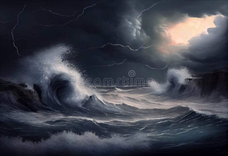 Waves Curling Over and Breaking during Cyclone with Stormy Sky ...