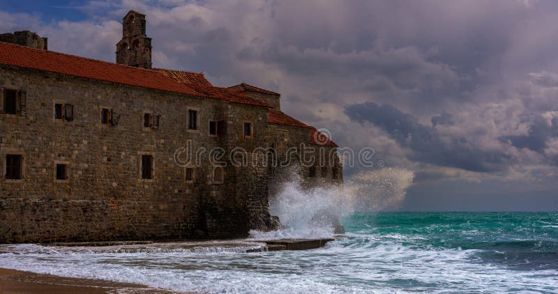Waves Hit the Walls of the Citadel in Budva during Stormy Weather. Stock Image - Image of view ...