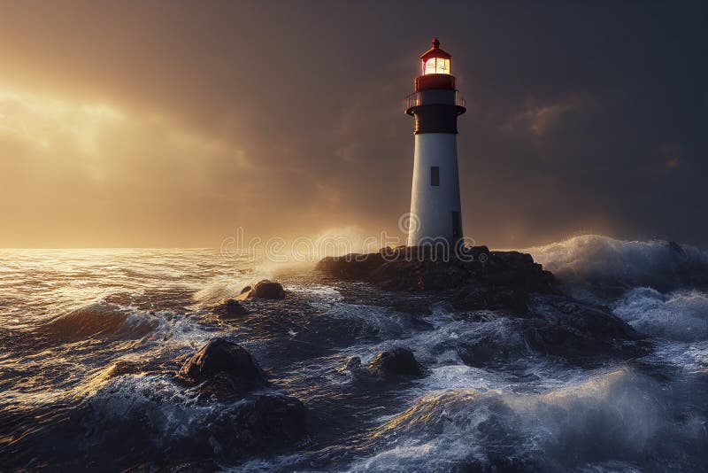 Waves Hitting a Lighthouse at Sunset, Seascape with a Gloomy Sky ...