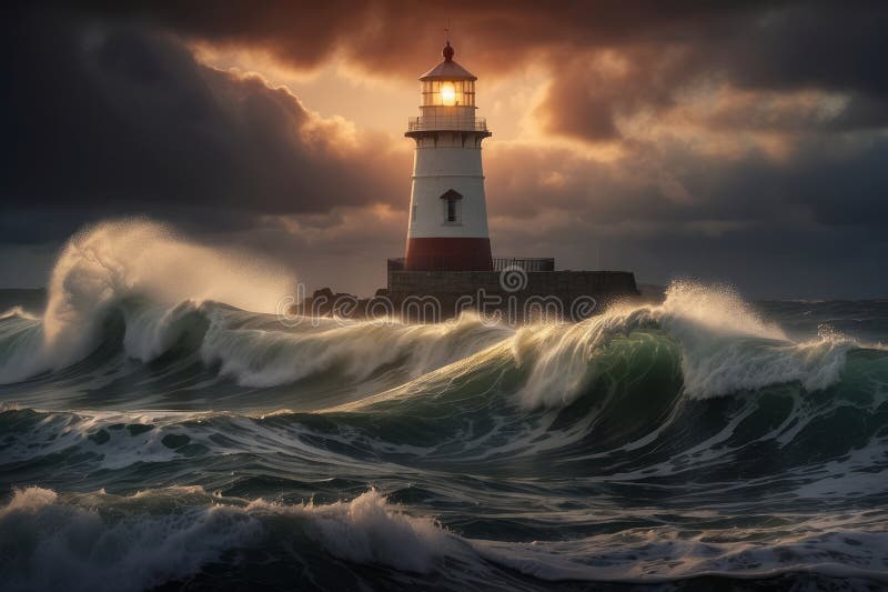 Waves Hitting a Lighthouse at Sunset, Seascape with a Gloomy Sky ...