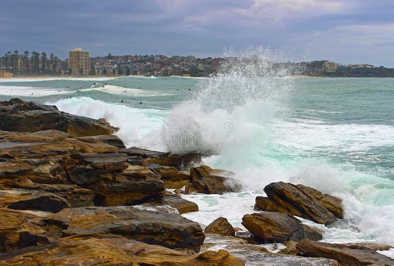 Waves Hitting the Rocks in Manly Beach, Sydney Stock Image - Image of ...
