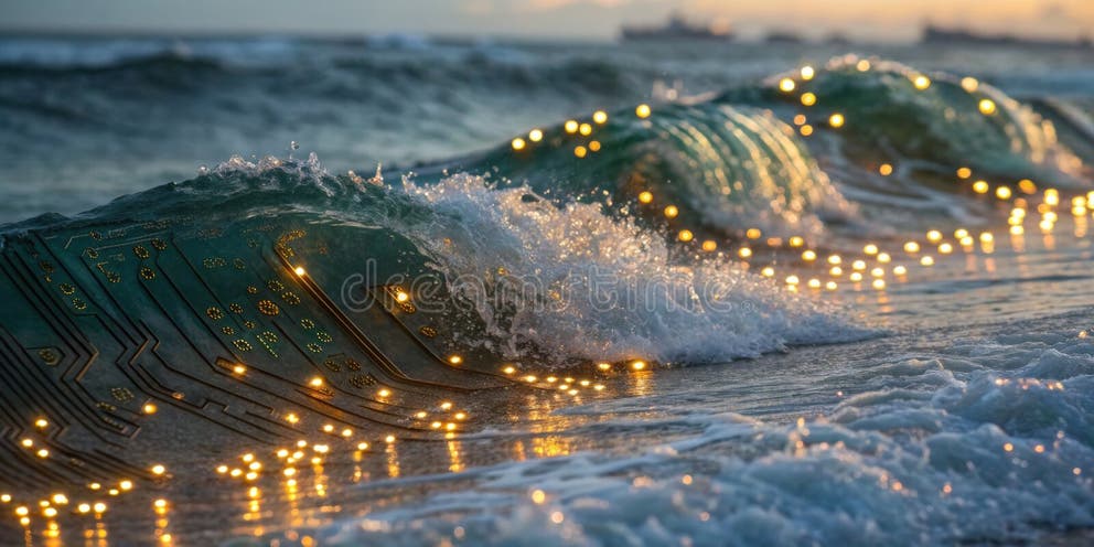 Waves Illuminated with Lights and Electronic Patterns during Sunset at ...