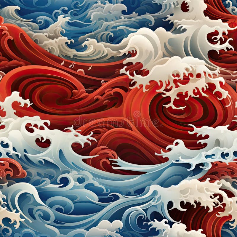 Waves of Japanese Waves in Red, Blue, and White (tiled) Stock ...
