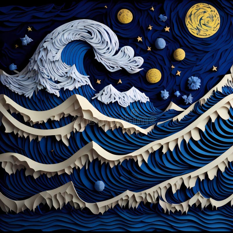 Waves Made from Layered Paper in Starry Night Style Illustrated Stock ...