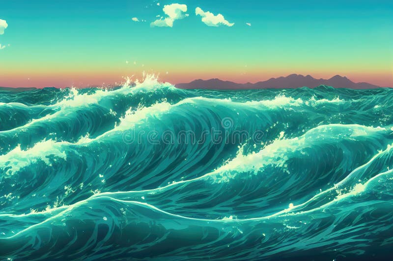 Waves on the Ocean, Anime Painting Illustration, Ai Generated Image ...