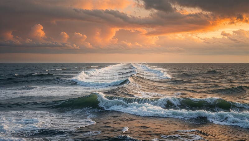 Wave Lines Converging at Narrow Bay Mouth Beneath Cloudy Orange-tinged ...