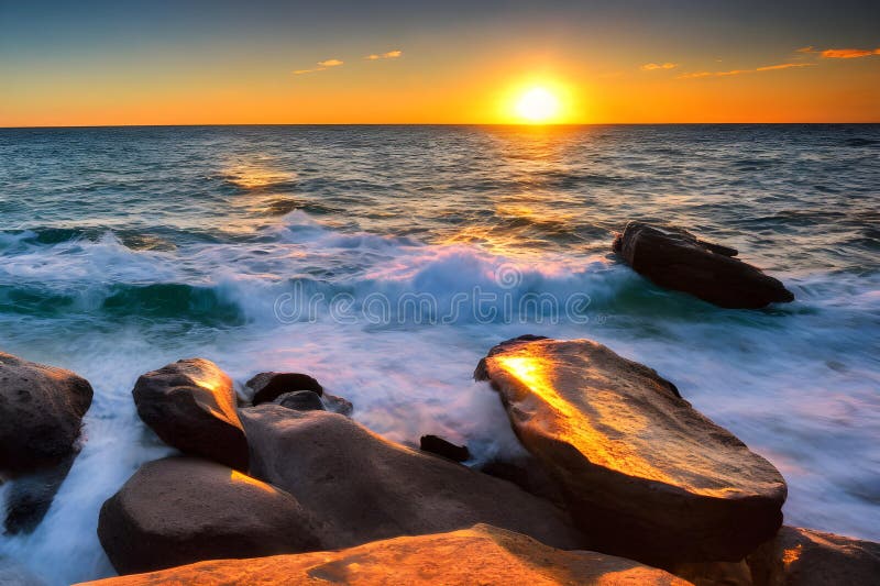 Waves and Rocks on Beach of Sunset. Sea Waves Crushing and Splashing on ...