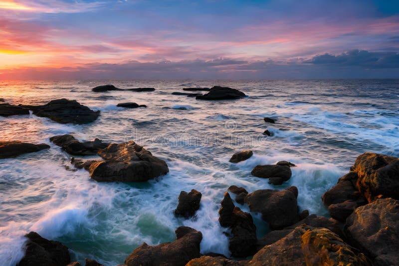 Waves and Rocks on Beach of Sunset. Sea Waves Crushing and Splashing on ...