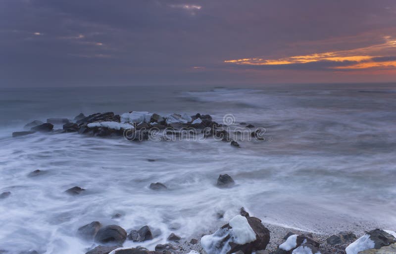 Waves on Rocky Beach before Sunrise Stock Photo - Image of morning ...