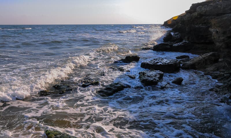 Waves Roll on the Stone Coast of Pontic Limestone in the Crimea Stock ...