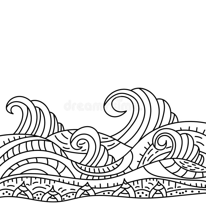 Doodle Waves. Seamless Border Under Water Sea Life Stock Vector ...