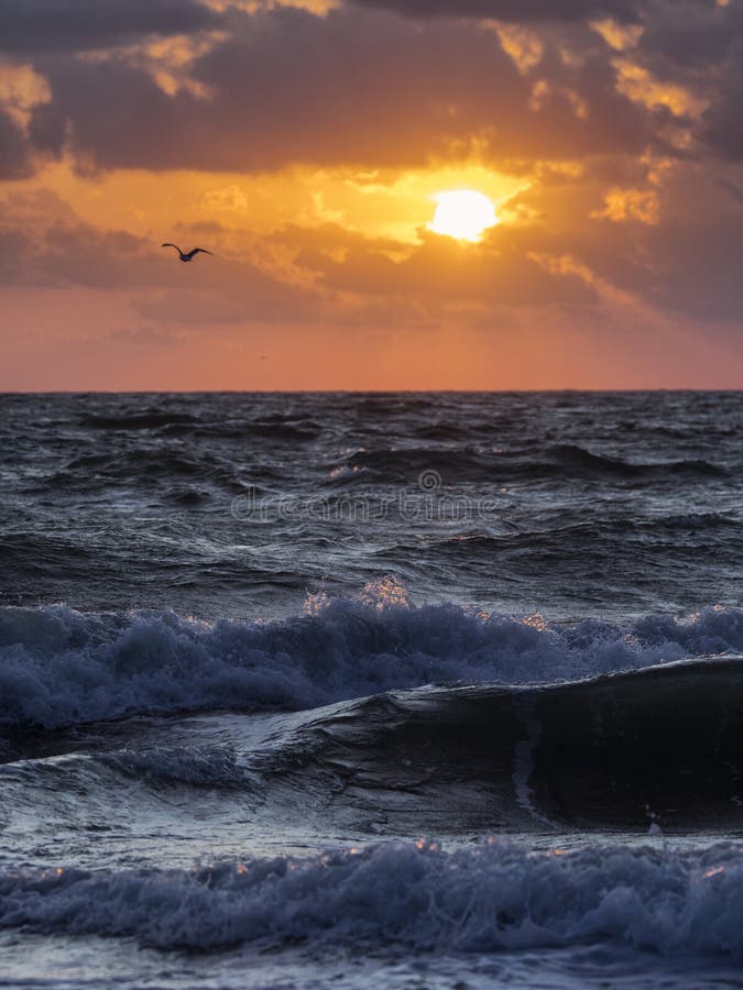 Waves of a Sea at Sunrise with Colourful Clouds in Background. Vertical ...