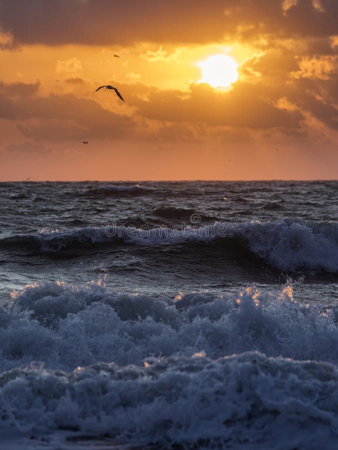 Waves of a Sea at Sunrise with Colourful Clouds in Background. Vertical ...