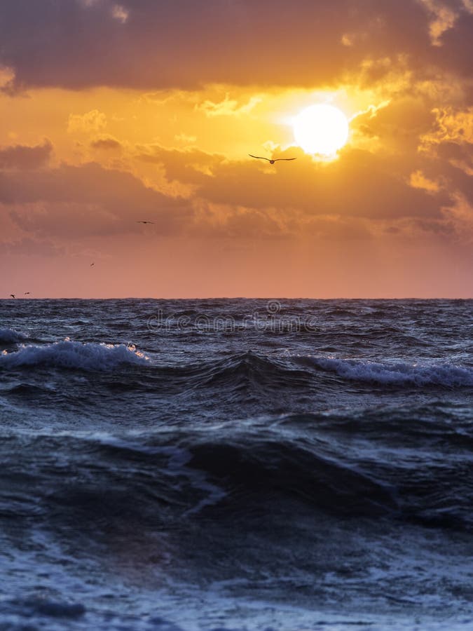 Waves of a Sea at Sunrise with Colourful Clouds in Background. Vertical ...