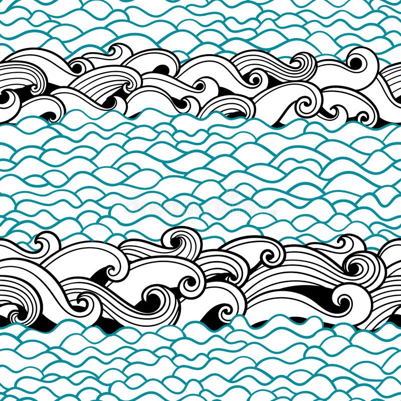 Waves Seamless Pattern. Vector Illustration with Curly Sea Waves Stock ...