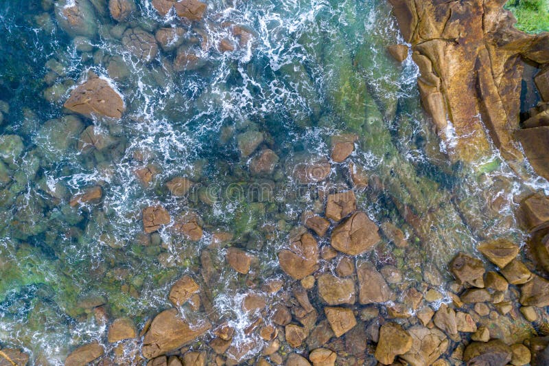 Waves on the Shore with Rocks, Overhead View with Drone Stock Photo ...