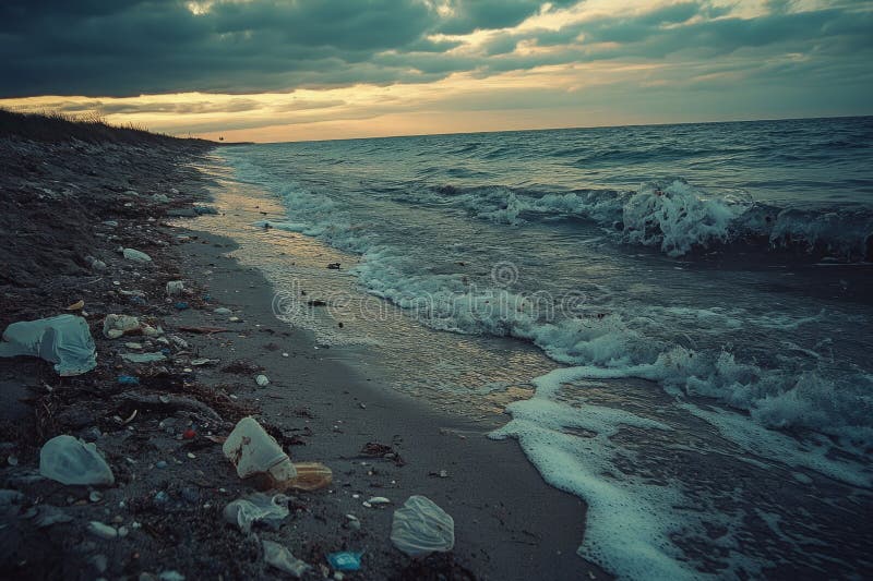 Waves Washing Plastic Garbage on the Shore of a Sandy Beach at Sunset ...