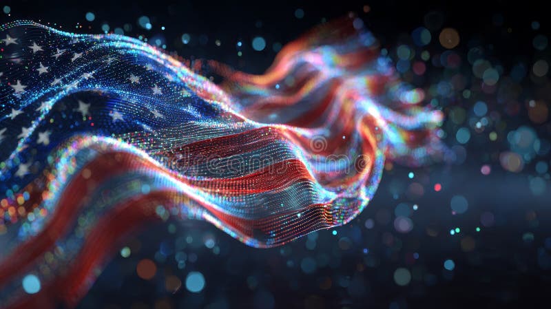 Waving Abstract Digital American Flag with Light Effects and Bokeh ...