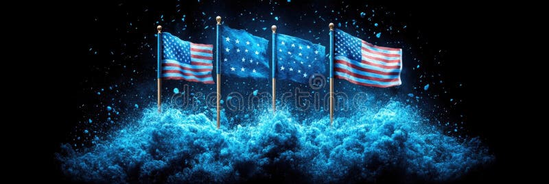 Waving American Flags in Vibrant Blue Mist with Dynamic Lighting ...