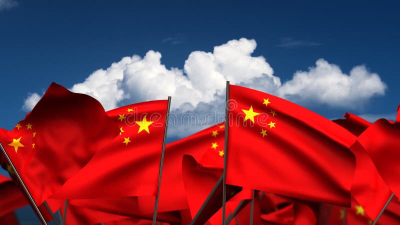 Chinese Flags Waving Proudly on Flagpoles Against a Blue Sky Stock ...