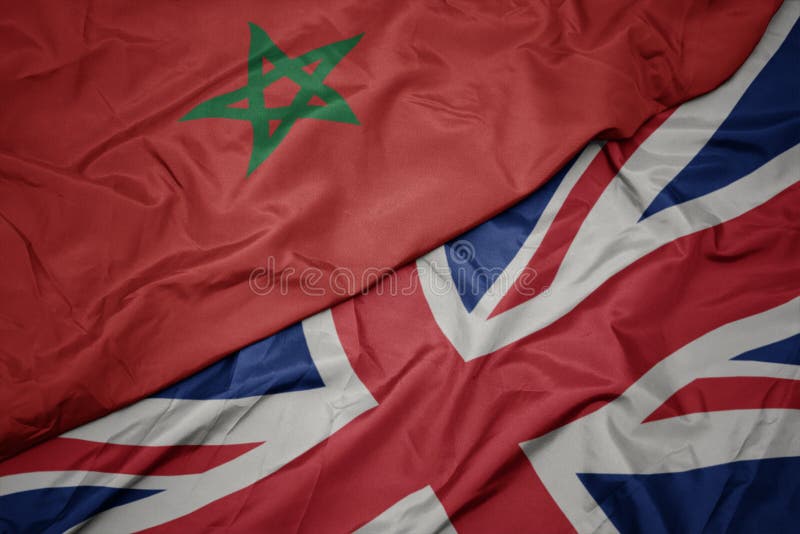 Waving Colorful Flag of Great Britain and National Flag of Morocco ...