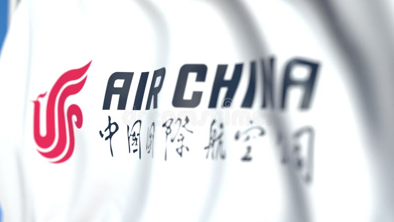 Flying Flag with Air China Logo, Close-up. Editorial Loopable 3D ...